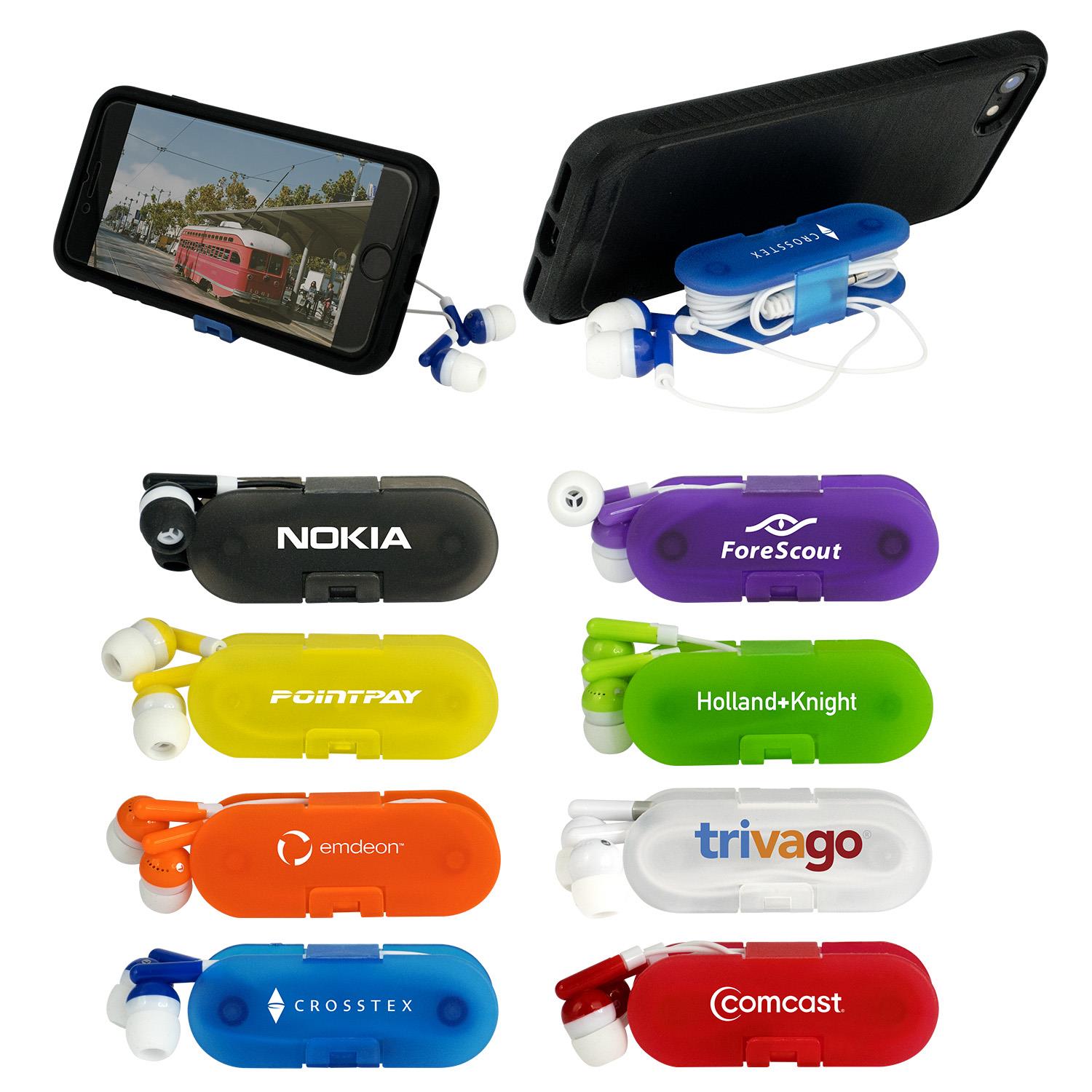 Custom Printed Ear Bud Wrap Phone Stand