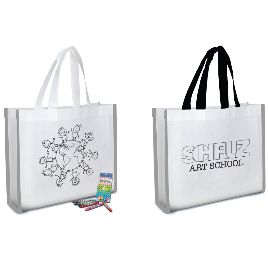 Custom Printed Reflective Coloring Tote Bag w/ Crayons