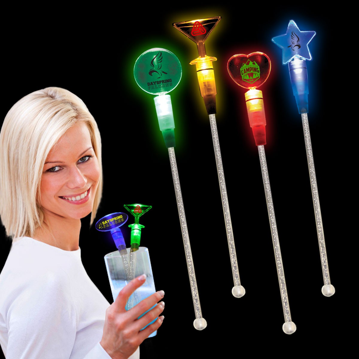 Promotional 8 inch Light Up Cocktail Stir Sticks with Topper