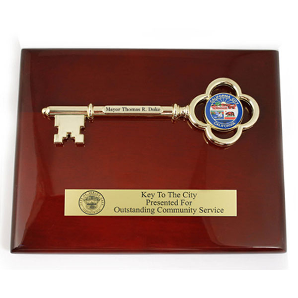 Promotional Wood Plaque with Gold Plated Key