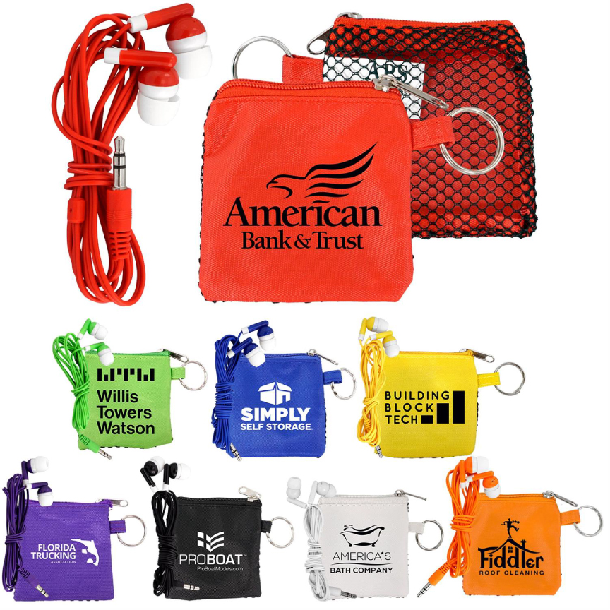Custom Printed Matching Color Earbud And Mesh Pouch